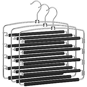SONGMICS Pants Hangers Space Saving, 5 Layer Pants Hangers, Set of 3 Multiple Pant Hanger, Pants Organizer Hanger, Swing Arm Pants Hangers with Non-Slip Padding, Silver and Black UCRI041BK