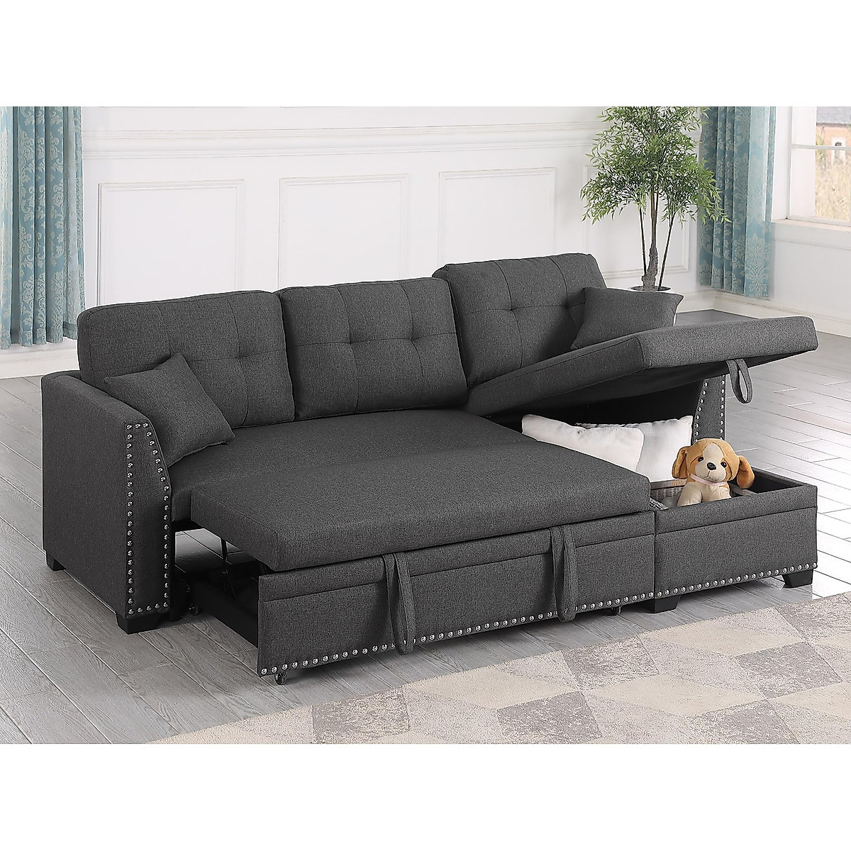 BEEY Convertible Sleeper Sofa Bed, 82" Small Sectional Sofa with Storage Chaise for Small Spaces, L Shaped Couch with Pull Out Bed for Bedroom, Living Room (Dark_Grey)