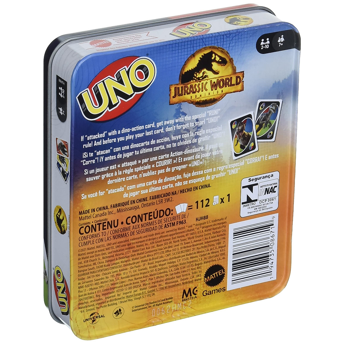 Mattel Games UNO Jurassic World Dominion Card Game, Movie-Inspired Deck with Dinosaur Graphics in Collectible Storage & Travel Tin for Kids, Fans, Adults & Family Nights