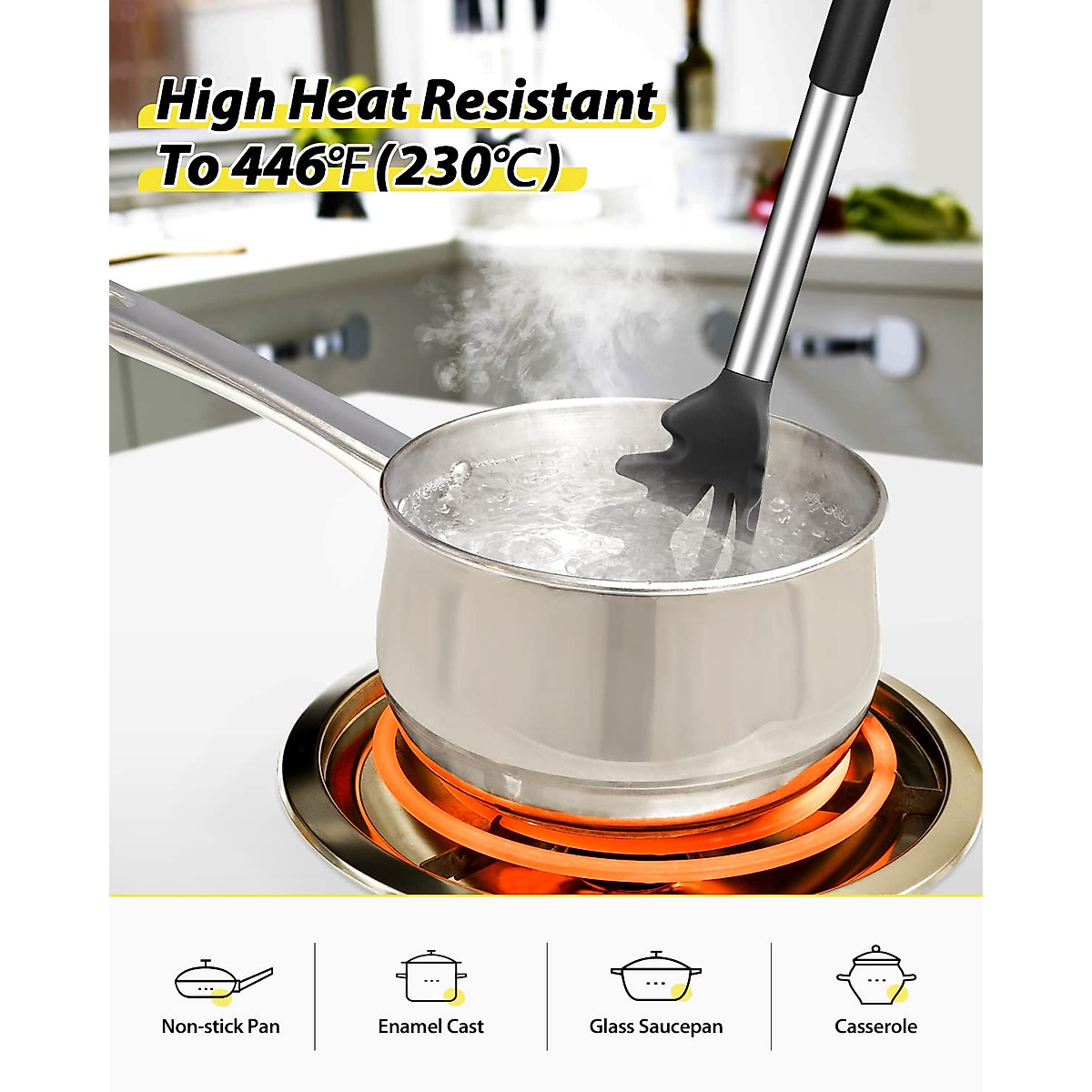 Silicone Pasta Fork and Soup Ladle Set, Non-Stick BPA Free Heat-Resistant Handy Kitchen Utensils for Cooking, Serving, Draining, Stirring (Black)