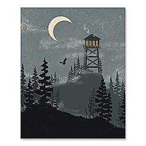 Forest Wilderness Art Print - 18 x 24 Nature Woods Trees Landscape Unframed Artwork Night Sky Lookout Tower Crescent Moon Outdoor Inspiration Poster Calming Peaceful National Park Decor