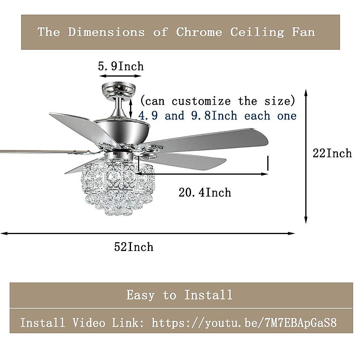 Tropwellhouse 52Inch Crystal Ceiling Fan with Lights 3 Speed Remote Control Elegant Crystal 5 Wood Blades Chrome Ceiling Fan Decoration Home