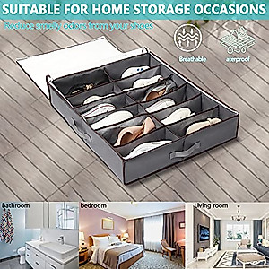 VINIKE Under Bed Shoe Storage Organizer 2 Set Fits Total 24 Pairs Clear Foldable Shoes Organizer with Reinforced Handles and Clear Top Cover for Kids & Adults Underbed Shoes Storage Containers (Grey)