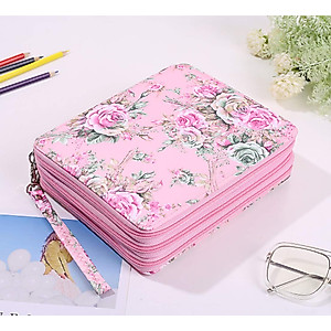 Shulaner 120 Slots Colored Pencil Case with Zipper Closure Large Capacity Pink Rose Oxford Pen Organizer Flower Pencil Holder