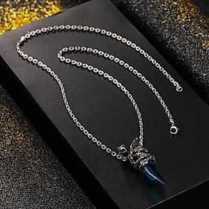 INBLUE Dragon Wolf Tooth Pendant for Men Women Stainless Steel Cool Necklaces Simulate Crystal Gemstone Gifts Jewelry with 23 Inches Chain (Dragon, Blue)
