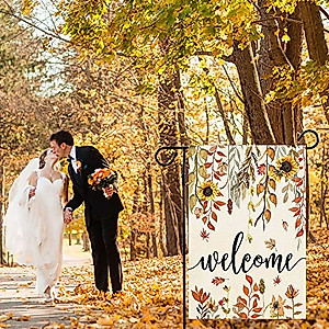 ORTIGIA Welcome Fall Maple Leaves Garden Flag Blurap Vertical Double Sided 12x18inch Autumn Sunflowers Small Garden Flag for Outside Fall Thanksgiving Farmhouse Seasonal Holiday Yard Décor