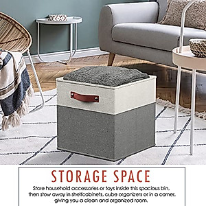 Ornavo Home Foldable Collapsible Storage Box Bins Linen Fabric Shelf Basket Cube Organizer with Leather Handles - Set of 6 - 13 x 13 x 13 - White/Gray