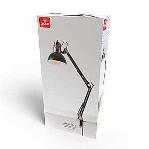 Globe Electric 62000009 32" Multi-Joint Desk Lamp with Metal Clamp, Matte Black, Antique Brass Accents, On/Off Rotary Switch on Shade, Partially Adjustable Swing Arm, Home Décor, Office Accessory