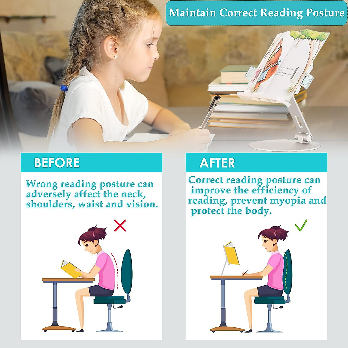 Gearking Book Stand for Reading 360° Rotate Adjustable Book Holder Multi Heights Angles Adjustable Cooking Bookstands for Child Textbook/Recipe/Magazine/Ipad