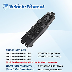 AiYiGu Power Door Window Switch+Bezel Master Control Compatible with 2002-2009 Dodge Ram, 2001-2004 Dodge Dakota, 01-03 Dodge Durango, 05-09 Dodge Sprinter, Replaces 56049805AB 68171680AA 641-00653