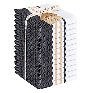 Urbana Cotton Set of 12 Assorted Waffle Kitchen Towels 100% Cotton Super Soft Absorbent Reusable Cleaning Cloths Machine Washable Weave Tea Towel with Hanging Loop (Black, 16 X 26 Inches)
