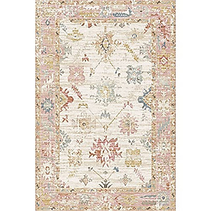 Pajata 5X7 Machine Washable Floral Boho Area Rug Non-Slip, Non-shed, Stain Resistant, Distressed for Bedroom Kitchen and Living Room (Orange)