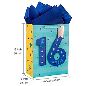 Loveinside Birthday Blue Gift Bag with Tissue Paper, Gift Tag and Greeting Card for Birthday, Party, Baby Shower and More - 10" x 5" x 13", 1 Pcs - 16 Years Old Birthday Boy