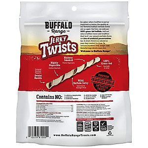 Buffalo Range Rawhide Dog Treats | Healthy, Grass-Fed Buffalo Jerky Raw Hide Chews | Hickory Smoked Flavor | Jerky Twist, 40 Count