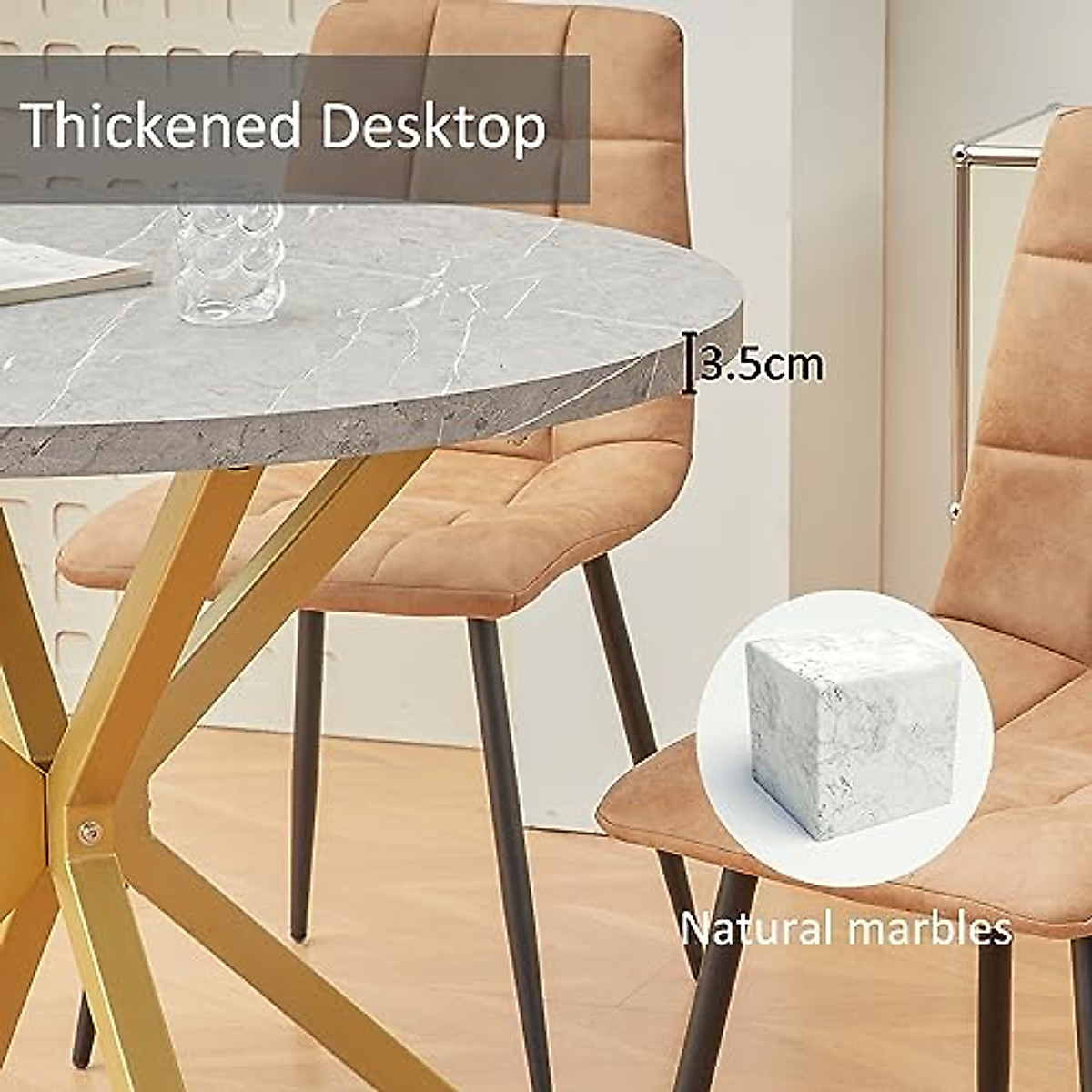 Round Dining Table, Modern Marble Kitchen Dining Table with Four Metal Legs, Marble Top Dining Table for Indoor Use Side Table for Kitchen Restaurant Living Room Casual Cafe（Grey）