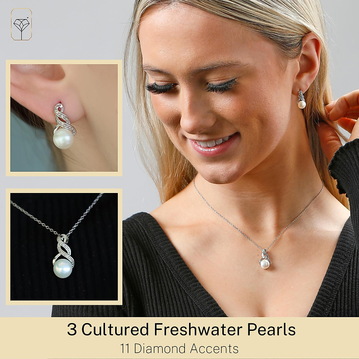 MAX + STONE Sterling Silver Pearl Jewelry Set with Diamonds | Freshwater Pearl Earrings & Necklace for Women | Real Pearl Necklace and Earring set | Silver Pearl Earrings and Necklace Set for Women
