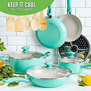GreenLife Soft Grip Healthy Ceramic Nonstick, 14 Piece Cookware Pots and Pans Set, PFAS-Free, Dishwasher Safe, Turquoise