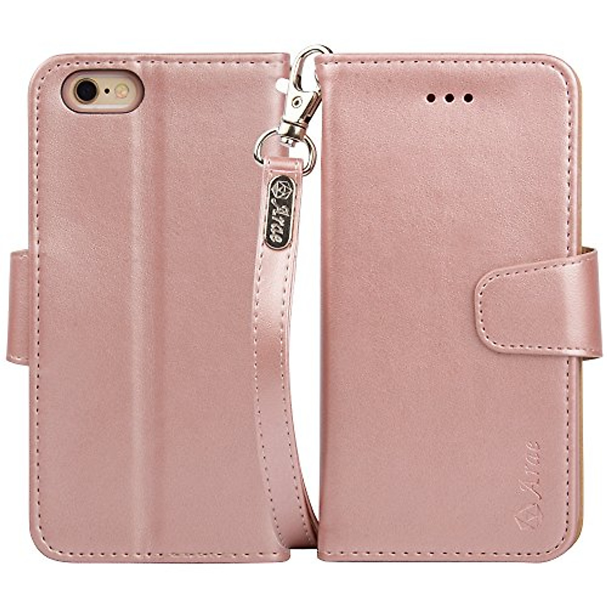 Arae Case for iPhone 6s / iPhone 6, Premium PU Leather Wallet case [Wrist Strap] Flip Folio [Kickstand Feature] with ID&Credit Card Pockets for iPhone 6s / 6 4.7 inch (Rosegold)