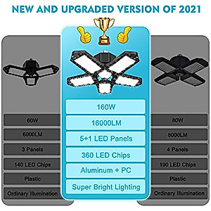 AXUAN 160W LED Garage Light 2 Pack, 16000LM Garage Light with 6 LED Garage Ceiling Lights Panels, Deformable LED Shop Light LED Glow Light for Garage, Basement, Workshop