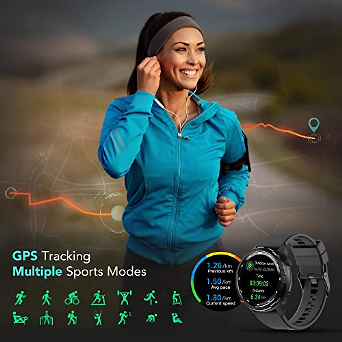 SKG Smart Watch,Rugged Outdoor Watch with GPS, Fitness Tracker with Heart Rate, SpO2, Sleep Monitor, IP68 Waterproof, Multi-Sports, 3-Axis Compass,Blood Oxygen,''1.32''Screen Android iOS,Gift,V9C