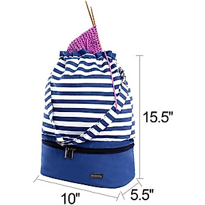 Teamoy Drawstring Yarn Bag, Knitting Tote Bag for Yarn, Unfinished Project, Knitting Needles and Accessories, Blue Strips (No Accessories Included)