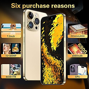 RAYPUR i14 Pro Max Smartphone, 2023 New 7.3Inch HD Screen Face ID, 16GB 1TB Cell Phone, Global Version 4G/5G, 7800mAh Battery Mobile Phones,Black-1TB