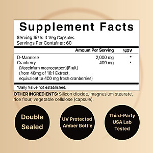 NatureBell D-Mannose 500mg Capsules (2000mg Per Serving) | 240 Veggie Capsules + Cranberry Extract 400mg, Fast Acting Urinary Tract Health Pills, Utra UTI Support for Women & Men