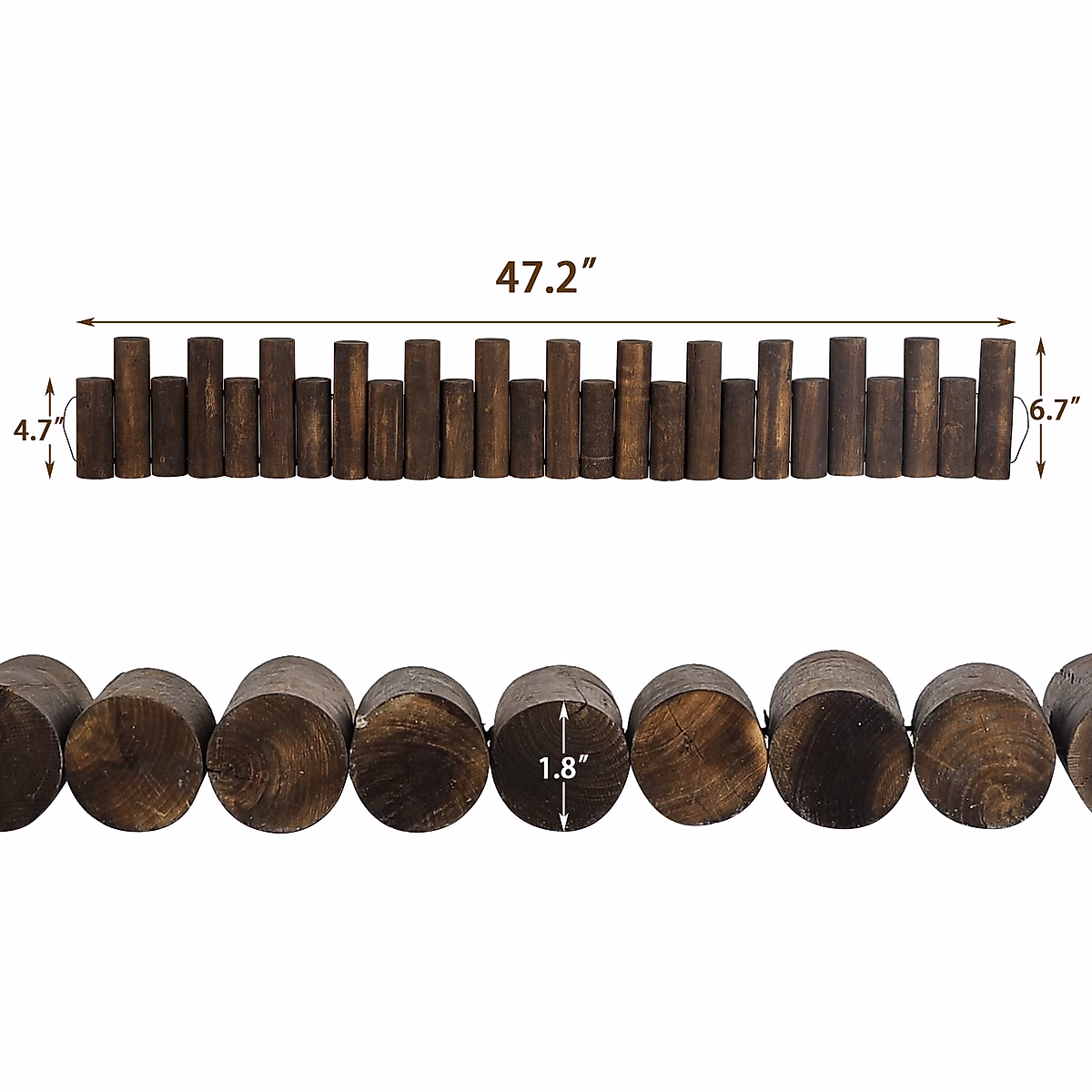 Worth Garden Log Rolls Wooden Short Fence Border - 6.5 in. H x 47 in. L Burnt Wood Finish Outdoor Garden Lawn Landscape Edging Flexible Decorative Heavy-Duty Tree Fence Border - Yard Maintenance