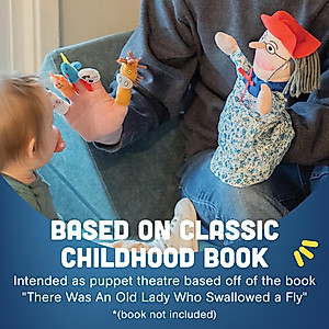 Constructive Playthings Plush "Old Lady" Doll and Animal Finger Puppet Props Set for "There Was An Old Lady Who Live Swallowed a Fly" Children's Book, For Kids Ages 3+