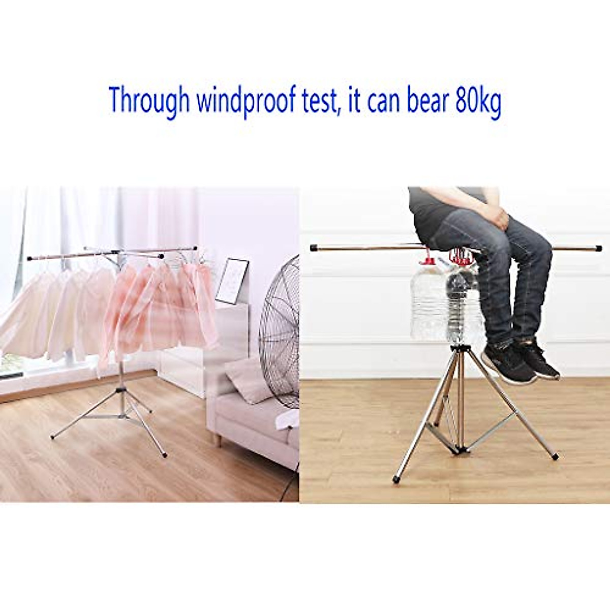 LXLTL Clothes Drying Racks Stainless Steel Clothes Airer Landing Folding Indoor and Outdoor Retractable Household Balcony Quilt Clothes Pole Can Bear 80kg,Without Storage Bag