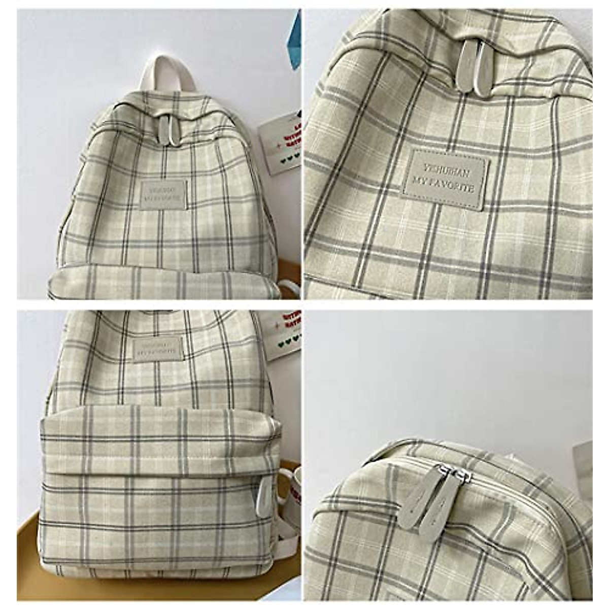 Aesthetic Backpack Kawaii Casual Plaid Daypack Preppy Backpack Back to School Light Academia Bookbags for Girls (Beige) One Size