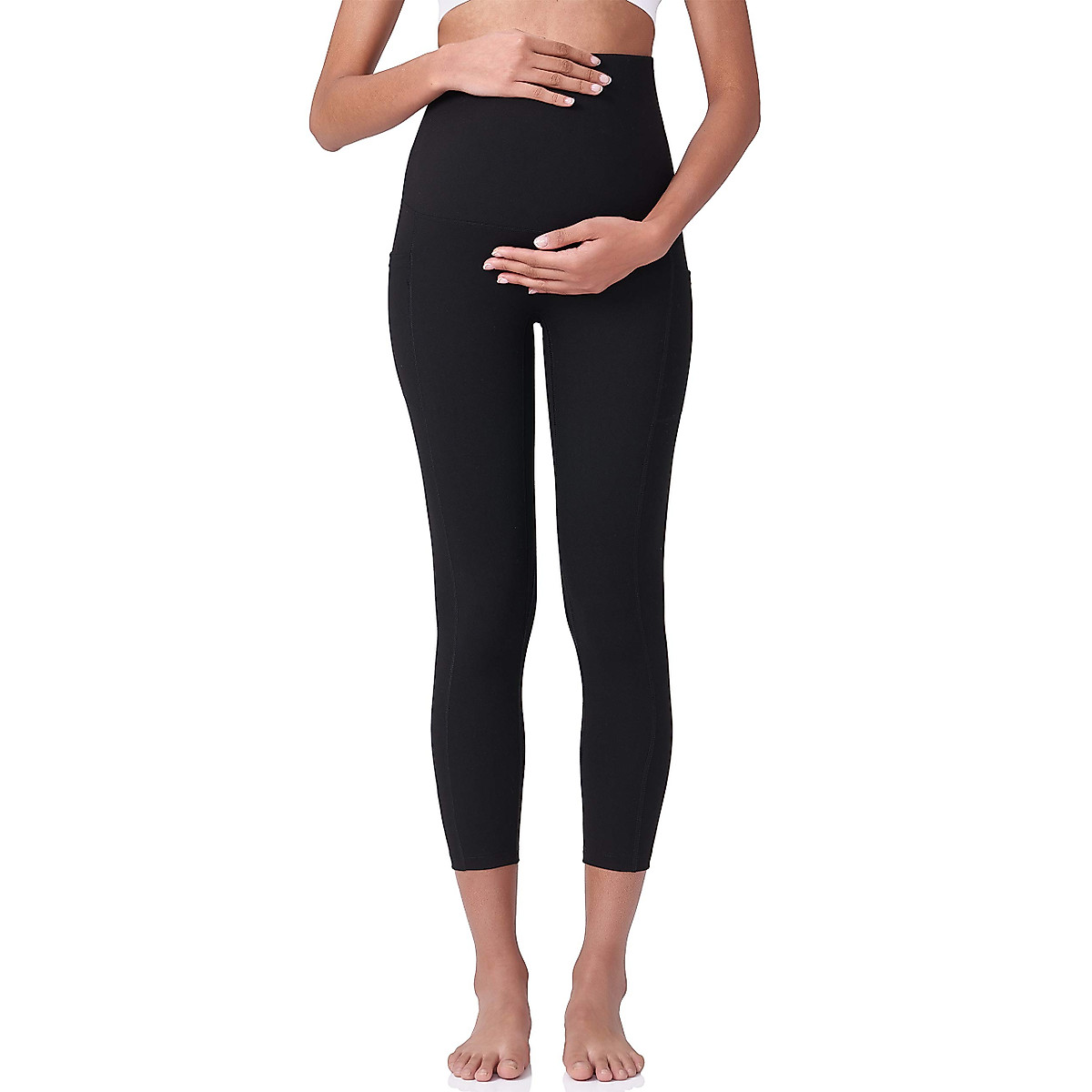 POSHDIVAH Women's Maternity Capri Leggings Over The Belly Pregnancy Workout Active Stretchy Pants with Pockets 2Pcs Black Small