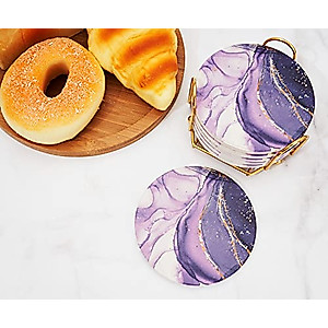 Lamris Absorbent Coasters Sets of 6 Purple Ceramic Coaster with Gold Metal Holder Stand Coffee Table Home Decor Housewarming Gifts