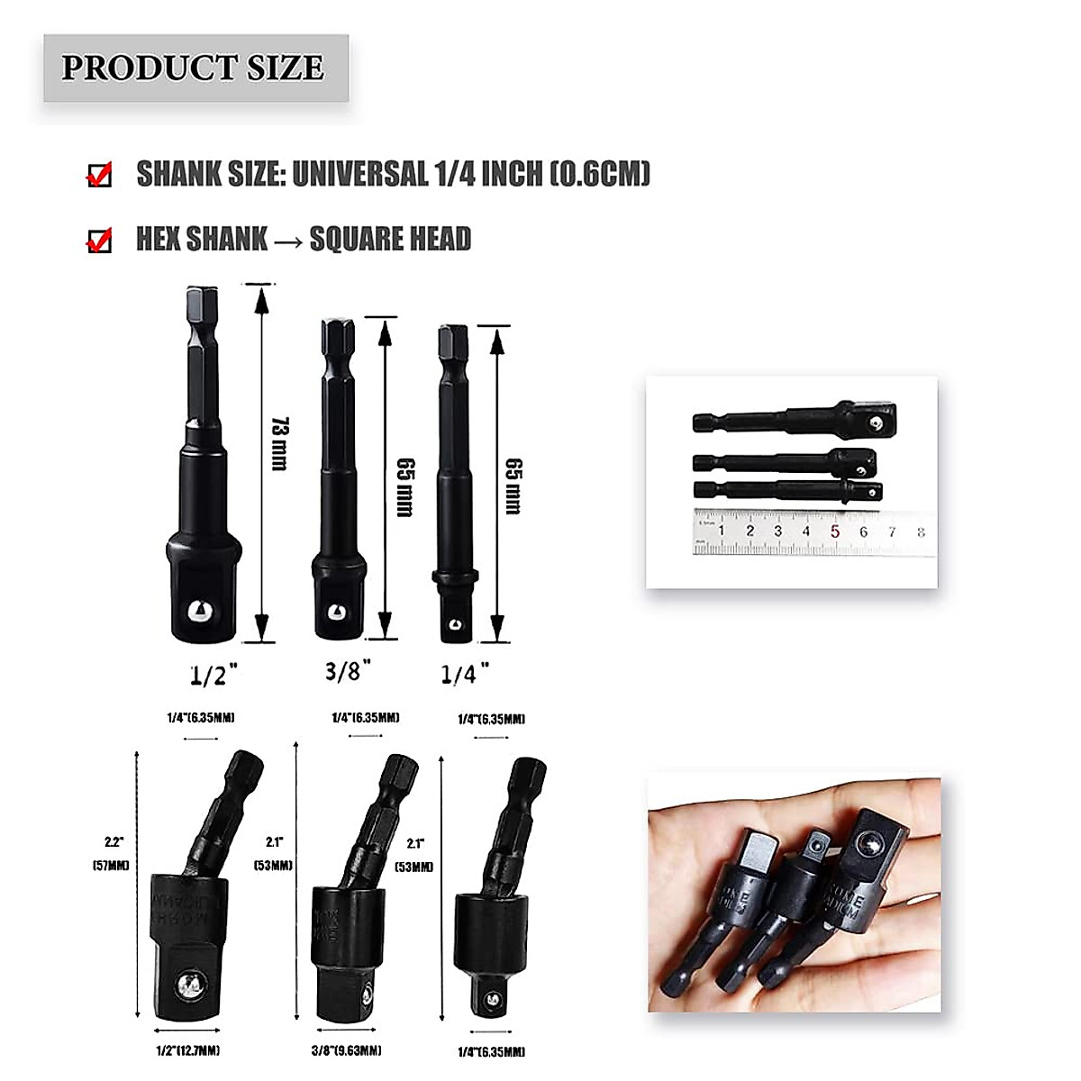 Drill Bit Extension Set-6 PCS Impact Socket Adapter Set 1/4” 3/8” 1/2” Hex Shank 3 Swivel /3 Straight Impact Driver Bit Set Socket Holder Drill Attachment Accessories for Hard-to-Reach Spaces-BLS6