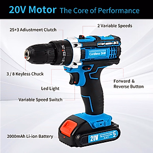 Aseboy Power Drill Cordless, 3/8 Electric Drill with Battery and Charger, 21V Drill Set for Specialized Field and Homework, Battery Drill with LED Light, Variable Speed Mode