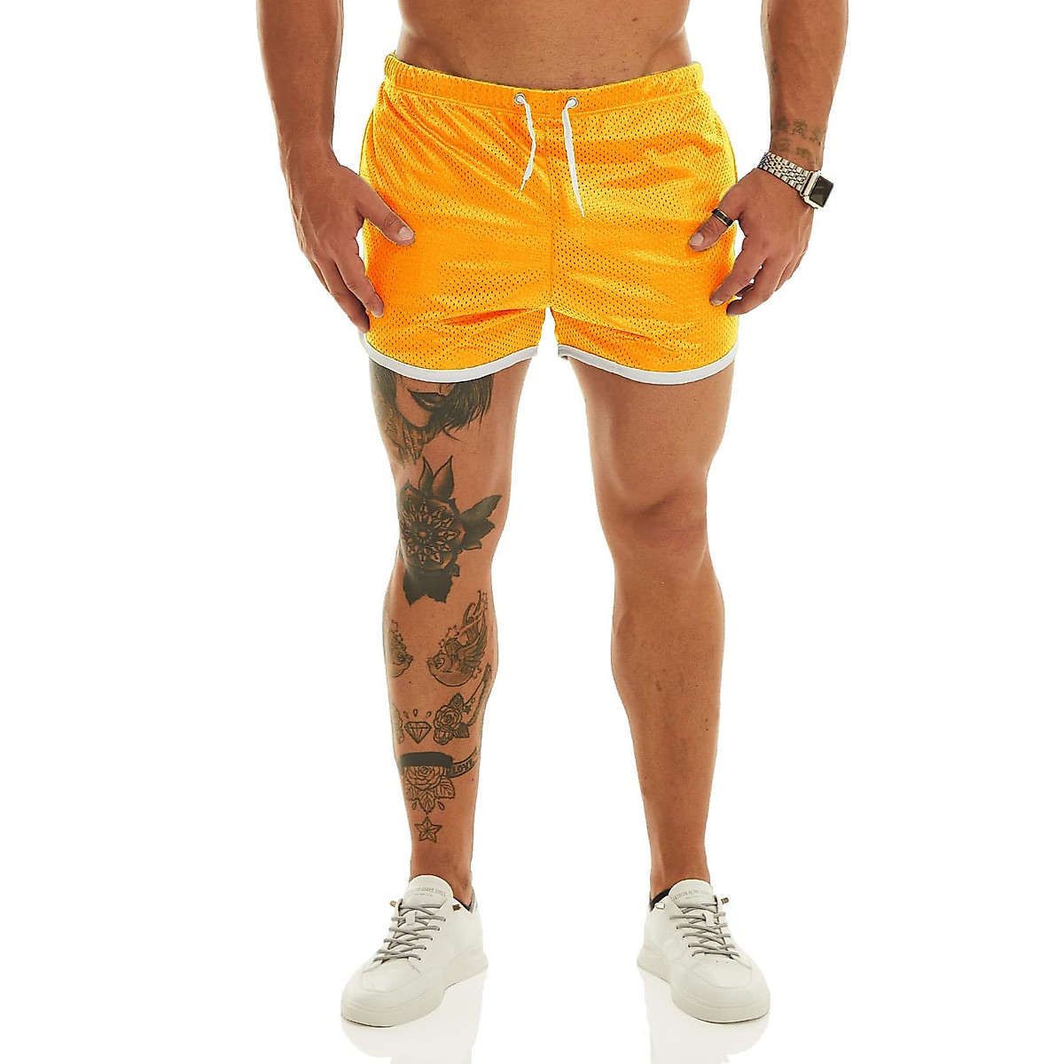 Ouber Men's Fitted Shorts Bodybuilding Workout Gym Running Tight Lifting Shorts with Pockets (Yellow, Small)