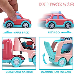 Bakatatoyz Pink Car Carrier Truck Set(9 in 1) with Lights and Sounds, Friction Powered Double Deck Container Transport Truck with 8 Mini Cartoon Pull Back Vehicles, Girls Toy for Toddler Birthday Gift