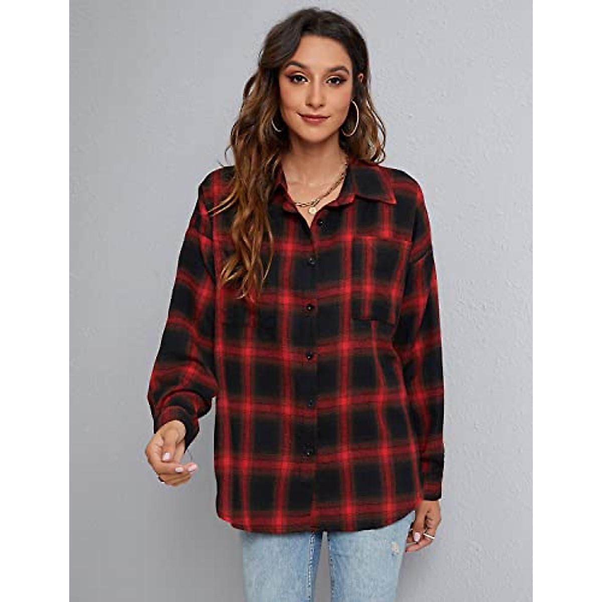 BMJL Women's Button Down Plaid Shirts Oversized Flannel Shacket Collared Casual Top Long Sleeve Blouses(L,Plaid)