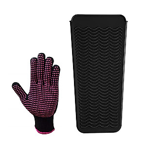Heat Resistant Silicone Mat and Glove Set for Hair Straighteners and Flat Irons - 11" x 6" Mat, 8.7" x 5.2" Bump Glove, Black
