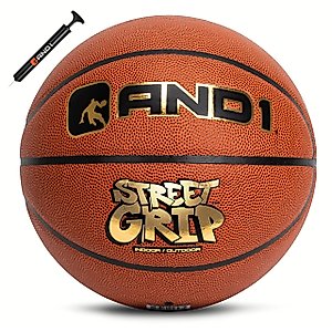 AND1 Street Grip Premium Composite Leather Basketball & Pump- Official Size 7 (29.5”) Streetball, Made for Indoor and Outdoor Basketball Games (Orange)