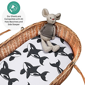 TansyPanda Bassinet Sheets for Baby Delight Snuggle Nest, Chicco LullaGo, Snoo Smart, Fisher Price, 4PC, 30 x 18 Inch, Ultra Soft, Breathable, Snug Fit, Unisex Boys Girls, Gray White (Ocean Fish)