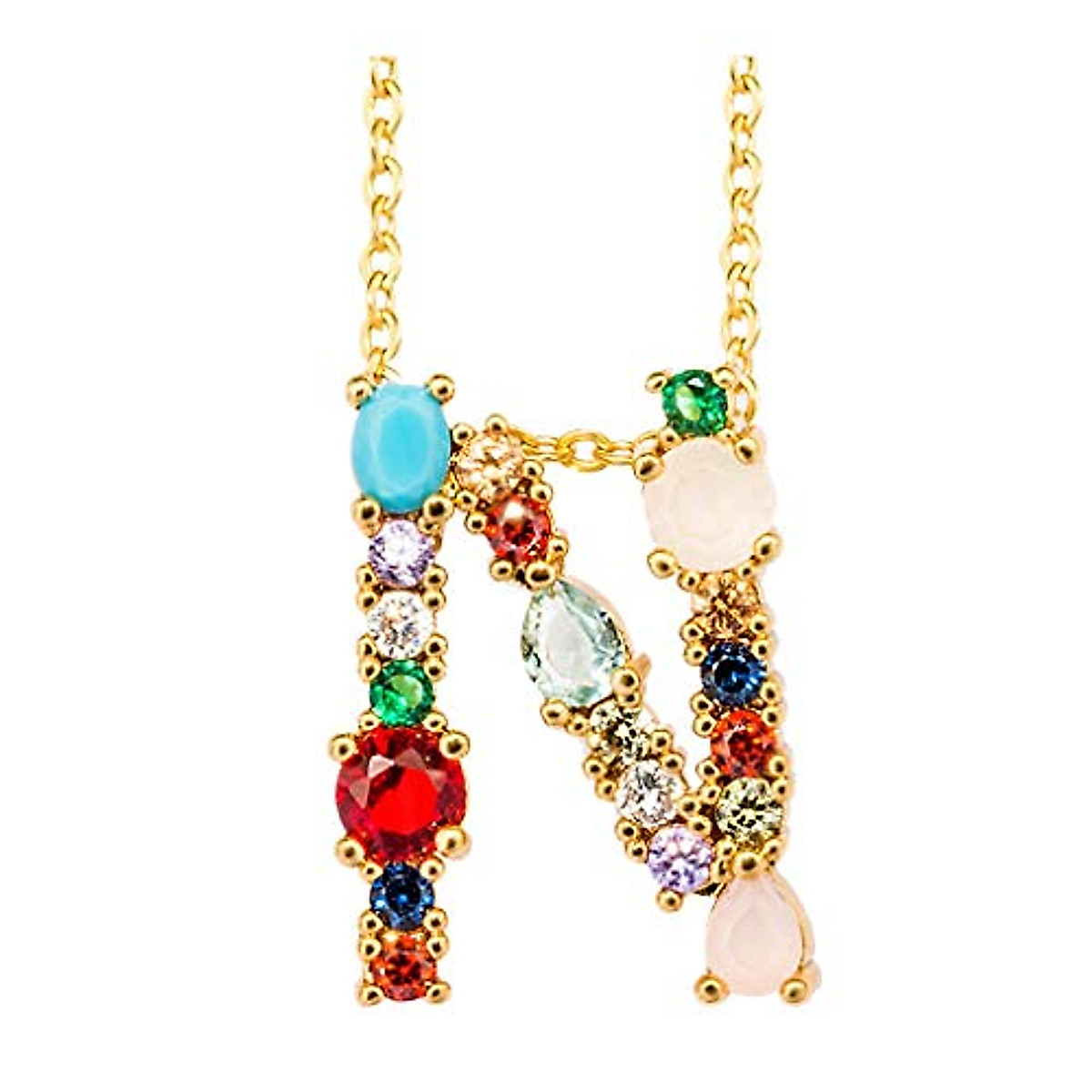 Women Large Initial Colorful Rhinestones Gold Plated Necklace 26 Letter Pendant KANGMOON