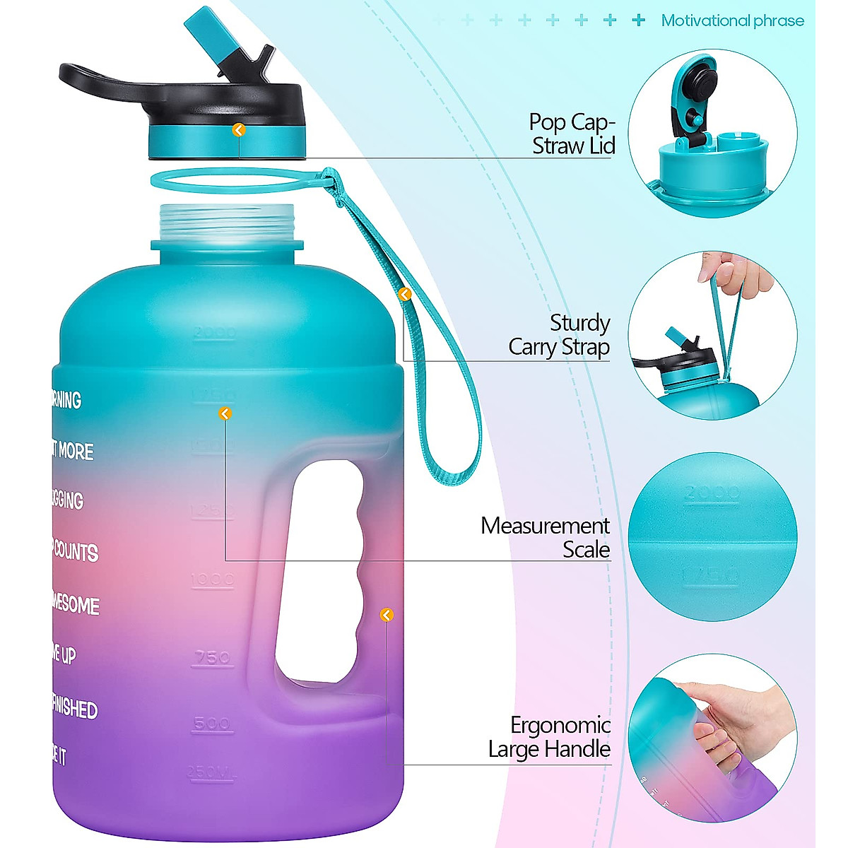 Large 74 oz/Half Gallon Motivational Water Bottle with 2 Lids (Chug and Straw), BPA Free Sports Drink Water Jug with Time Marker for Camping Sports Workouts and Outdoor Activity