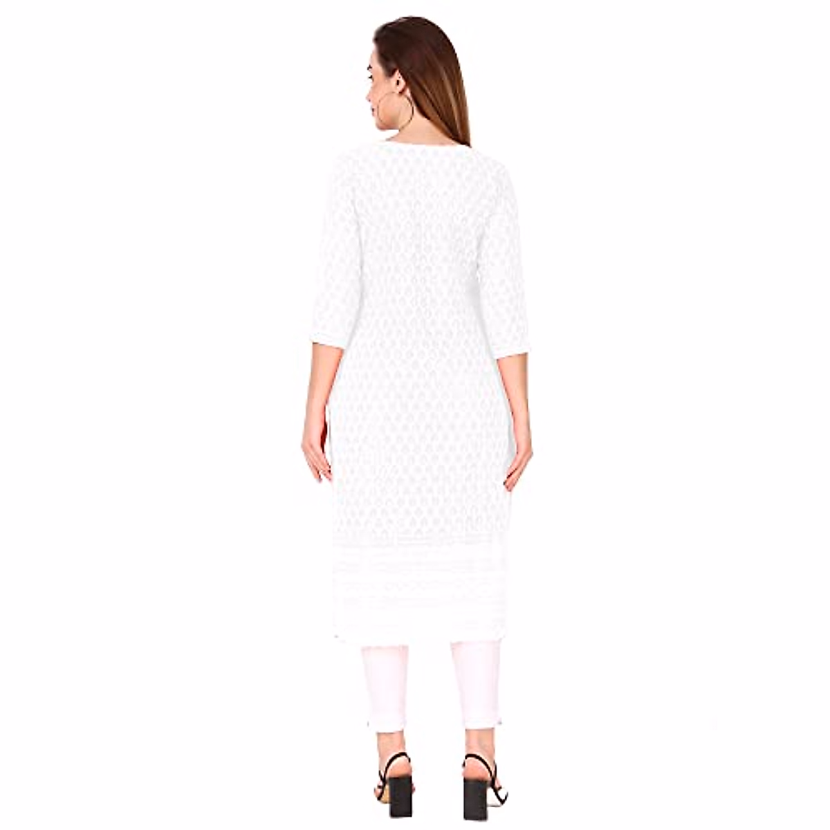 ladyline Womens Georgette Chiffon Chickankari & Sequins Work Kurti Tunic Kurta (White, 40)