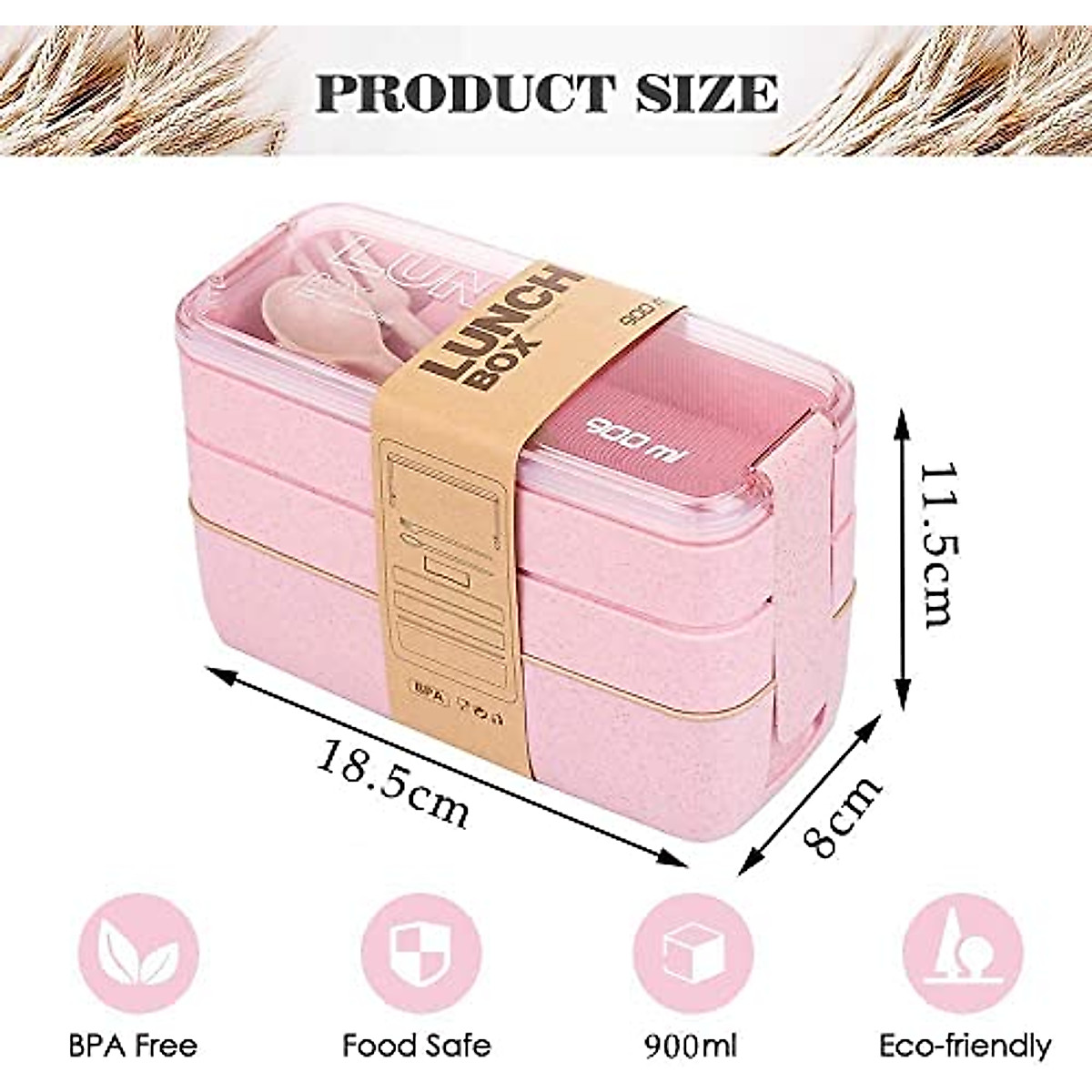 Bento Box Lunch Box for Adults Kids, AsFrost 3-In-1 Compartment Containers - Wheat Straw, Leakproof Eco-Friendly Bento Lunch Box Meal Prep Containers Microwave Safe (Pink)