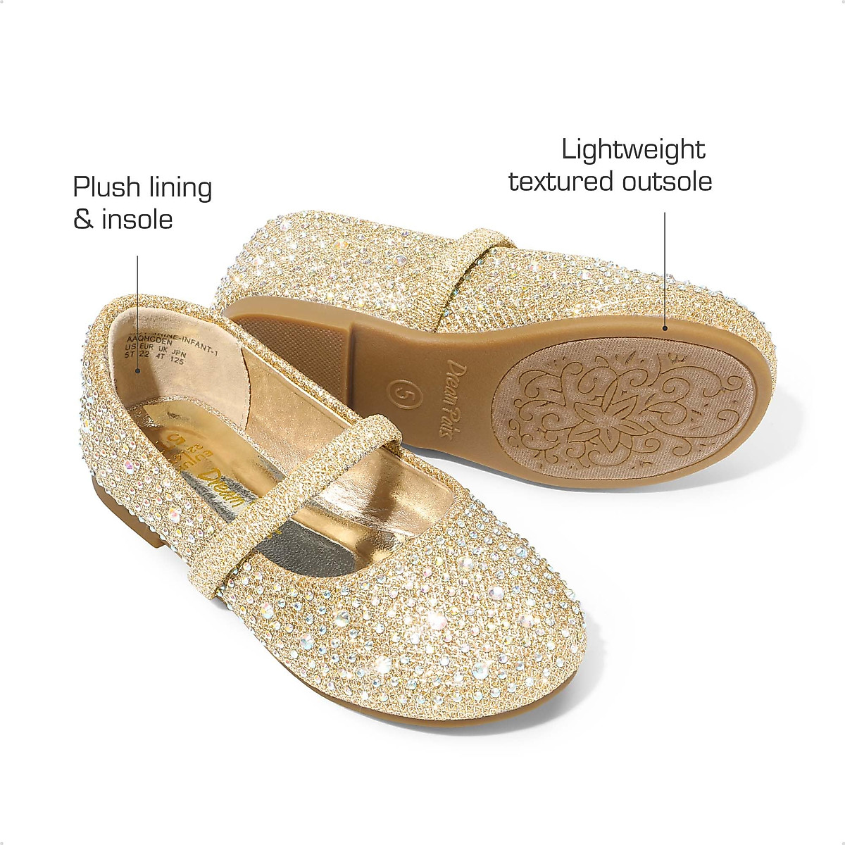 DREAM PAIRS Girls Mary Jane Rhinestone Dress Shoes Slip On Ballet Toddler Flats for Party, Wedding, Christmas Muy-Shine-Infant Gold/Glitter Size 7 Toddler