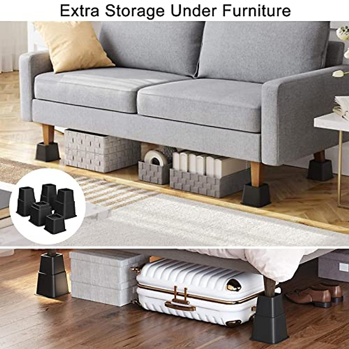 ASIYUN Adjustable Bed Furniture Risers, Stackable Bed Lift in Heights of 4, 6, or 9 Inches, Heavy Duty Furniture Leg Extenders for Home - Supports Up to 1,300 lbs(8-Piece Set)