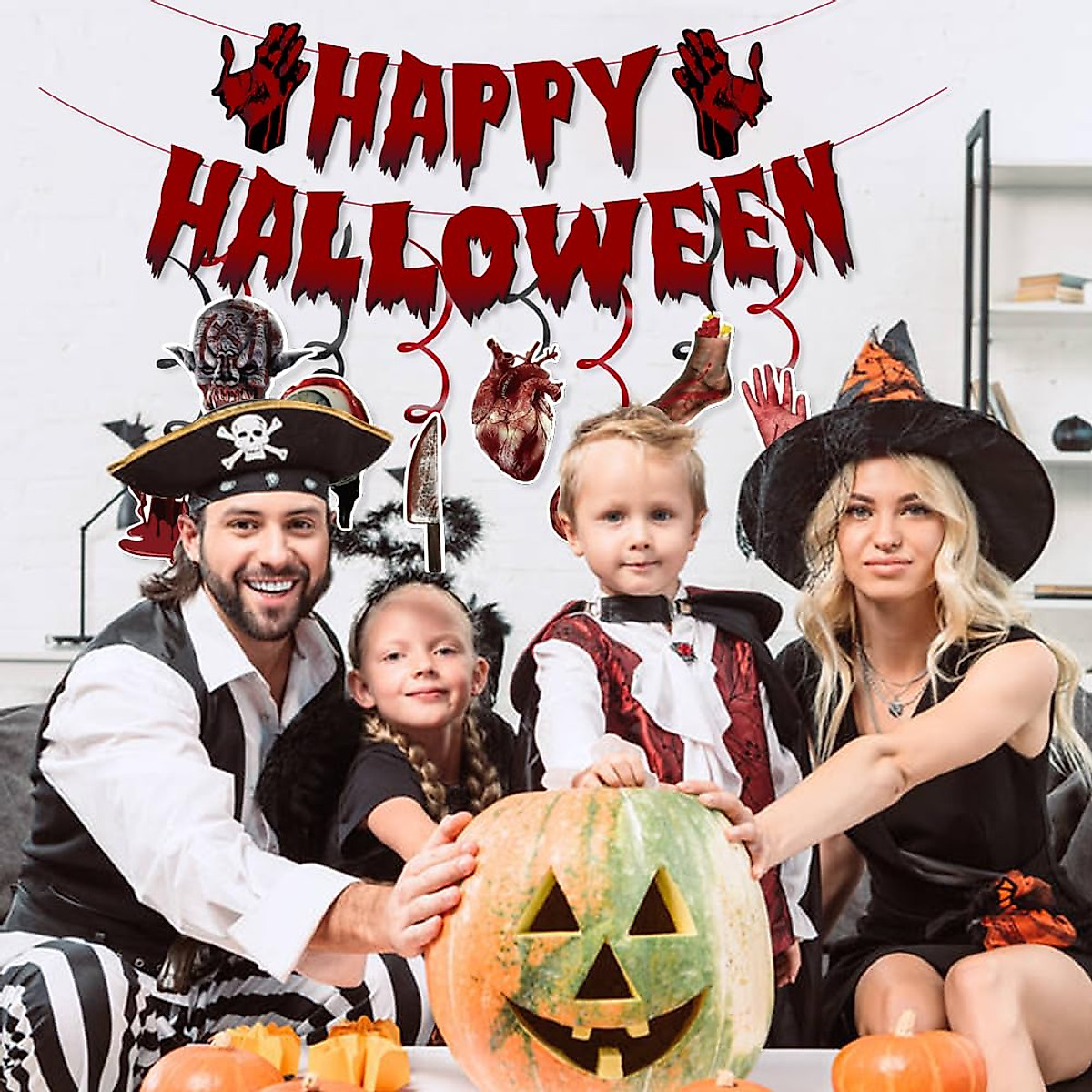 Quimoy Scary Halloween Banner, Happy Halloween Party Decorations, Scary Halloween Decorations with 8Pcs Halloween Hanging Swirls for Halloween Party Indoor Outdoor