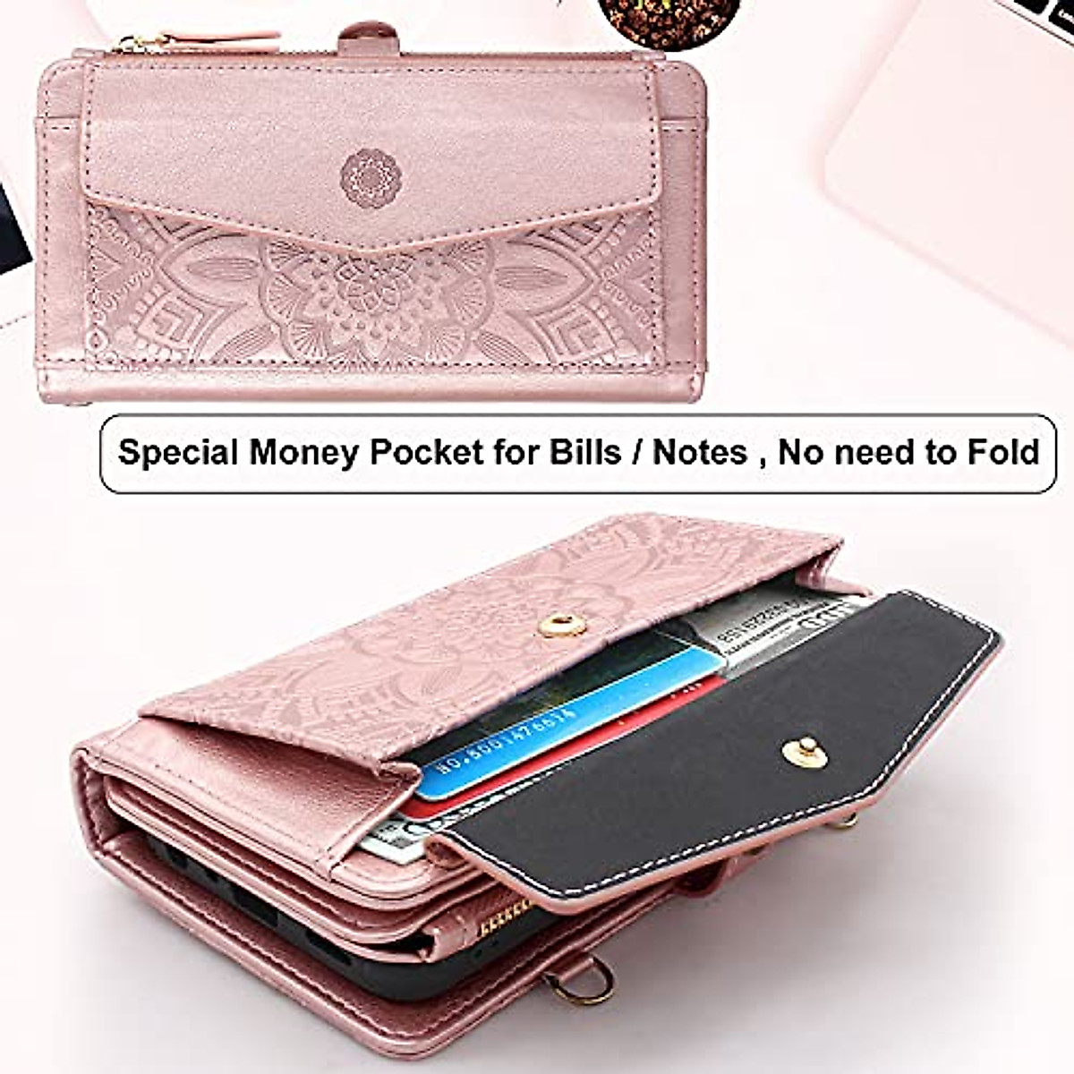 Harryshell Compatible with iPhone 14 / iPhone 13 6.1 inch 2022, [Block Theft Card Scanning], Detachable Magnetic Case Wallet Cash Zipper Pocket Crossbody Lanyard Strap (Floral Rose Gold)