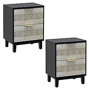 Aoikax Farmhouse 2-Drawer nightstand,Set of 2 French Countrynightstands, Fully Assemble, Hand-Carved Flower Pattern Front Accent nightstands for Bedroom/Living Room. Natural and Black.